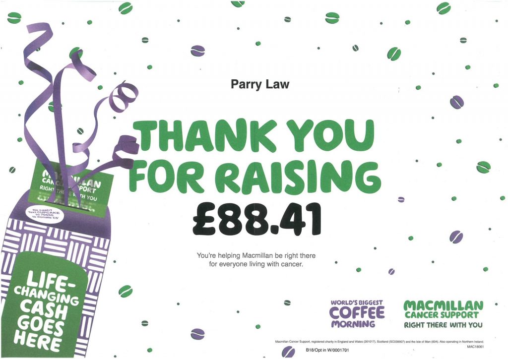 2019 Macmillan Coffee Morning | Parry Law